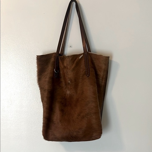 Bags | Rare Fount Brown Leather Tote Bag With Cow Hair | Poshmark